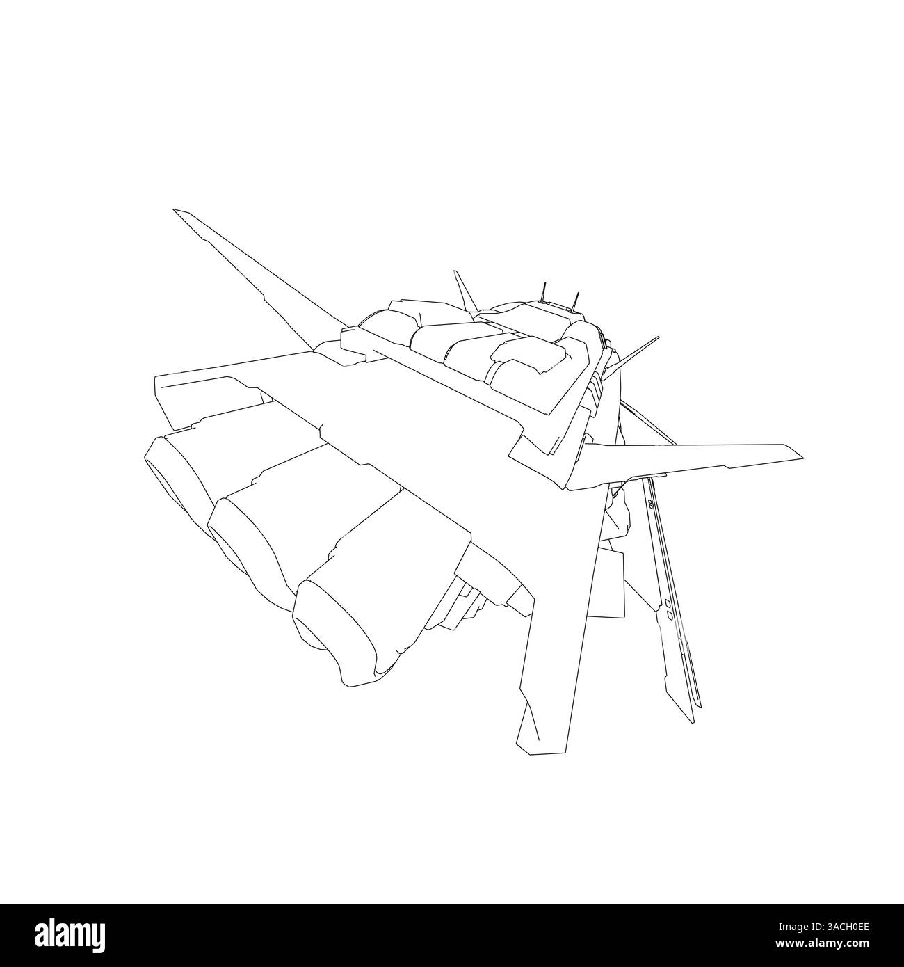 The image is a black and white drawing of a futuristic space ship with ...