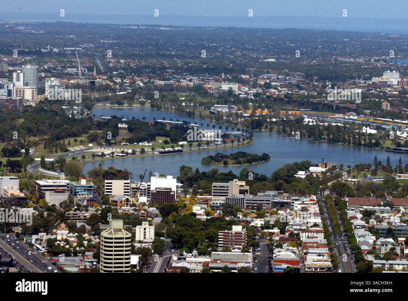 An Aerial view of Melbourne, showing the Albert park circuit in the ...