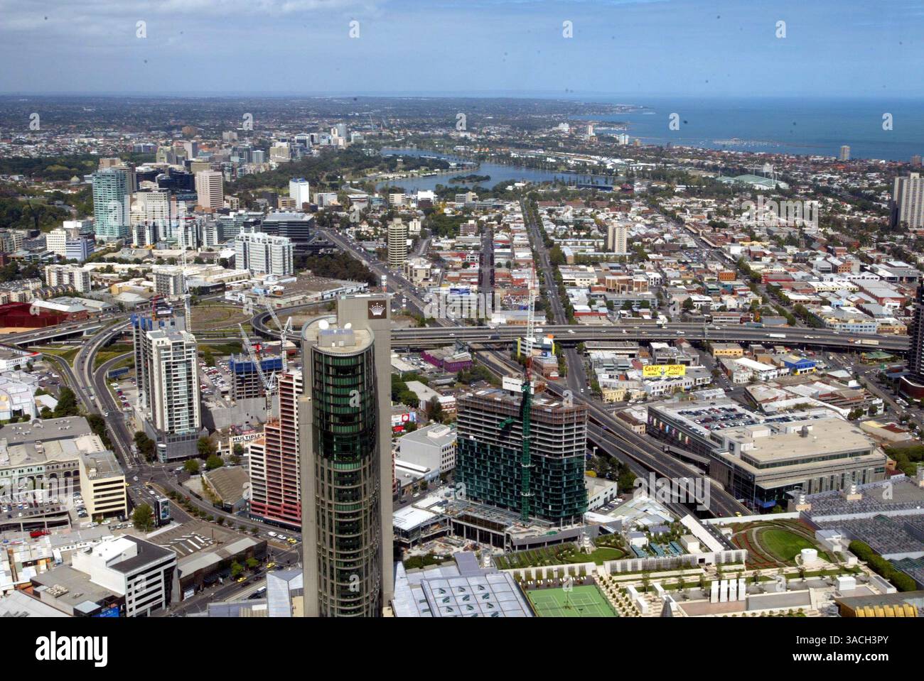 An Aerial view of Melbourne, showing the Albert park circuit in the ...