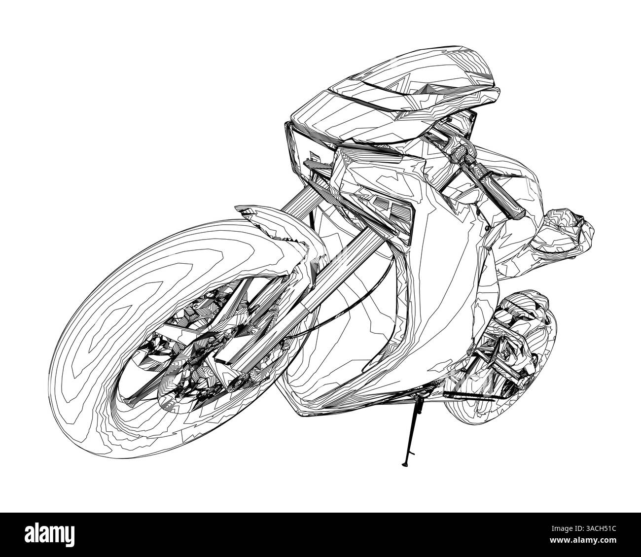 A black and white drawing of a motorcycle with a large front wheel. The ...