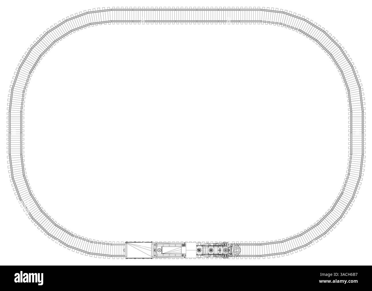 A train track is shown in a white background. The track is oval in ...