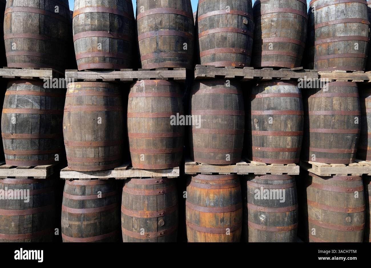stack of empty wooden barrels, norfolk, england Stock Photo - Alamy