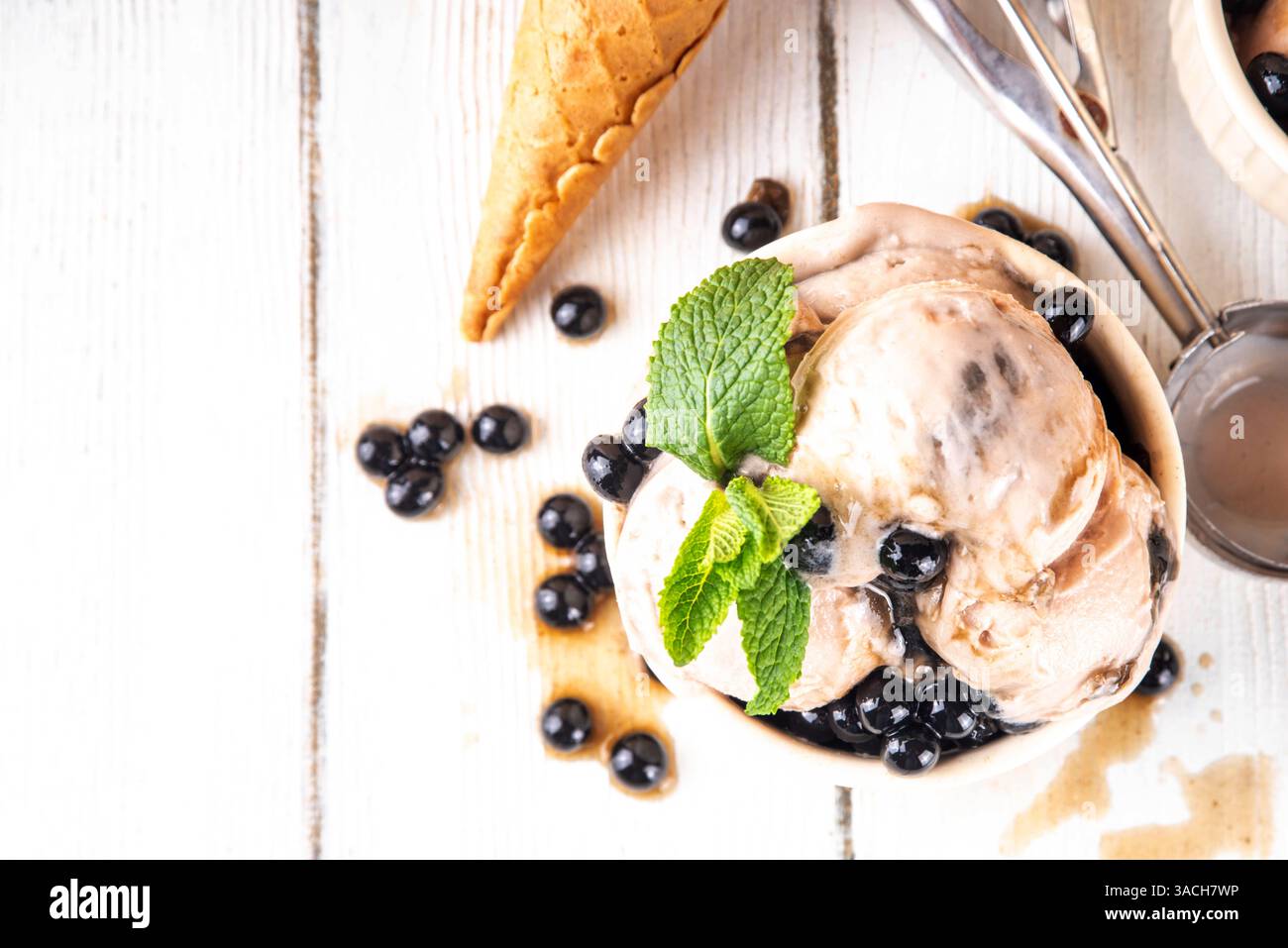 Bubble milk tea ice cream, sweet taiwanese asian style milky tea with ...