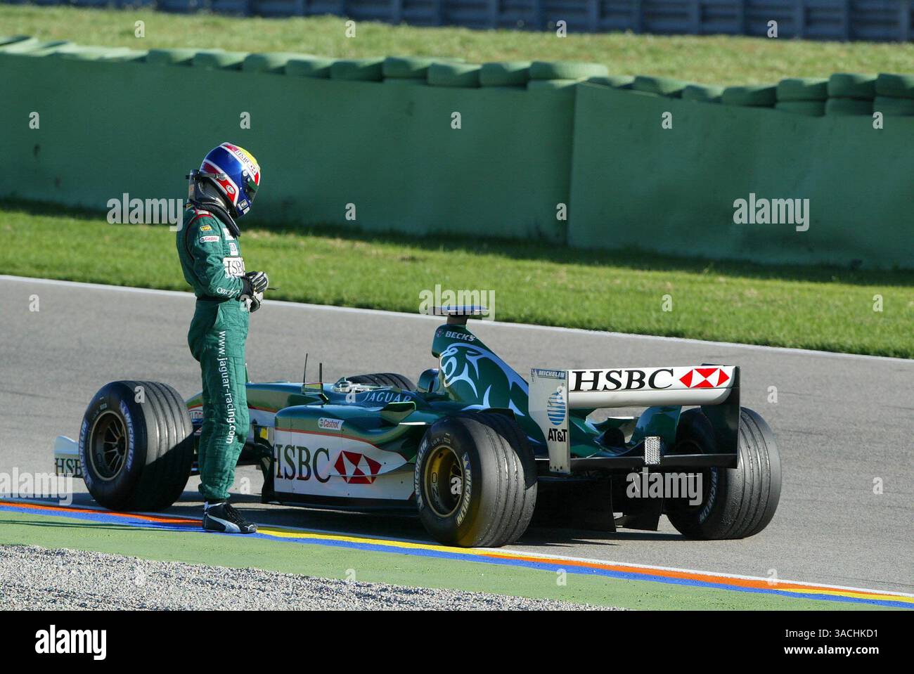 Mark Webber (AUS) stops on the circuit in his Jaguar Cosworth R4 ...