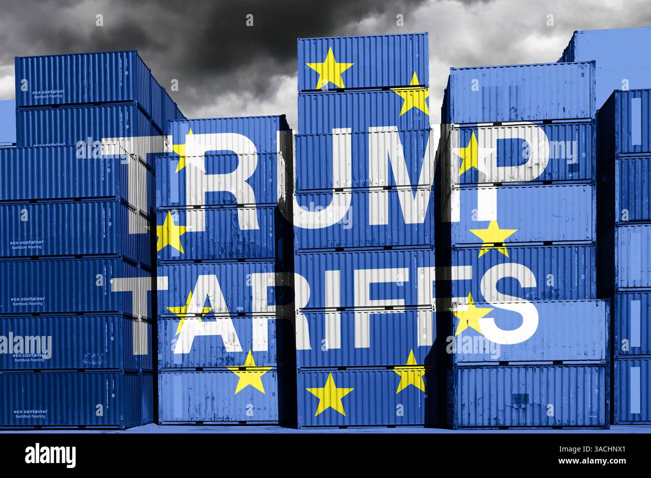 FOTOMONTAGE, Gestapelte Container mit EU-Fahne und Aufschrift Trump ...