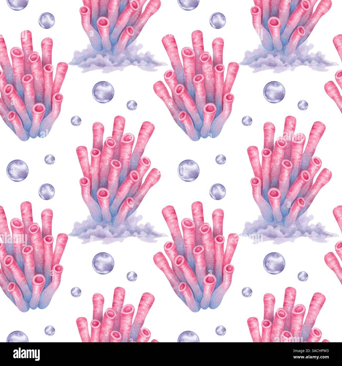Tube coral with water bubbles. Seamless pattern. Watercolor and marker ...