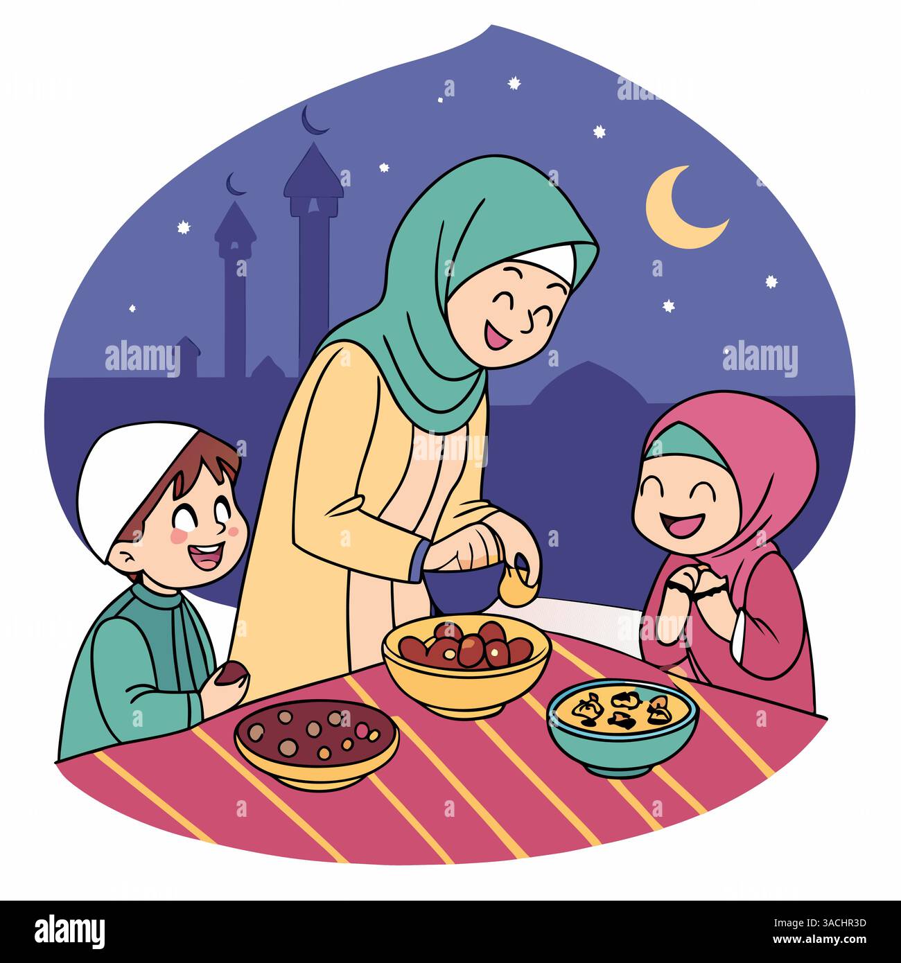 Drawing of people breaking their fast together in Ramadan Stock Vector ...