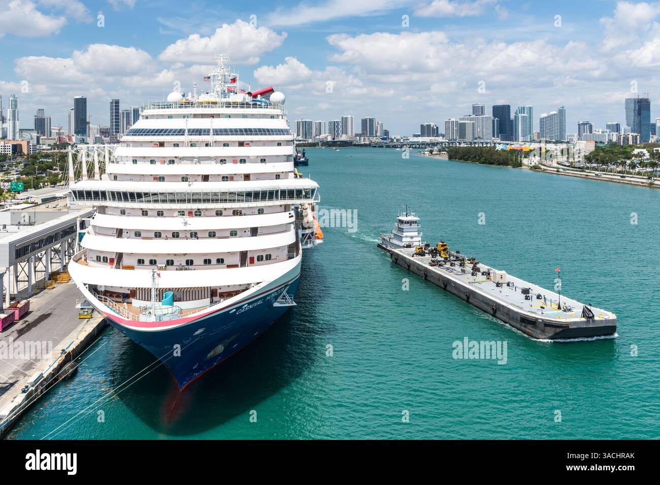 Miami, FL, USA - April 7, 2024: The view of Miami Cruise Port features the Cruise Ship Carnival ...