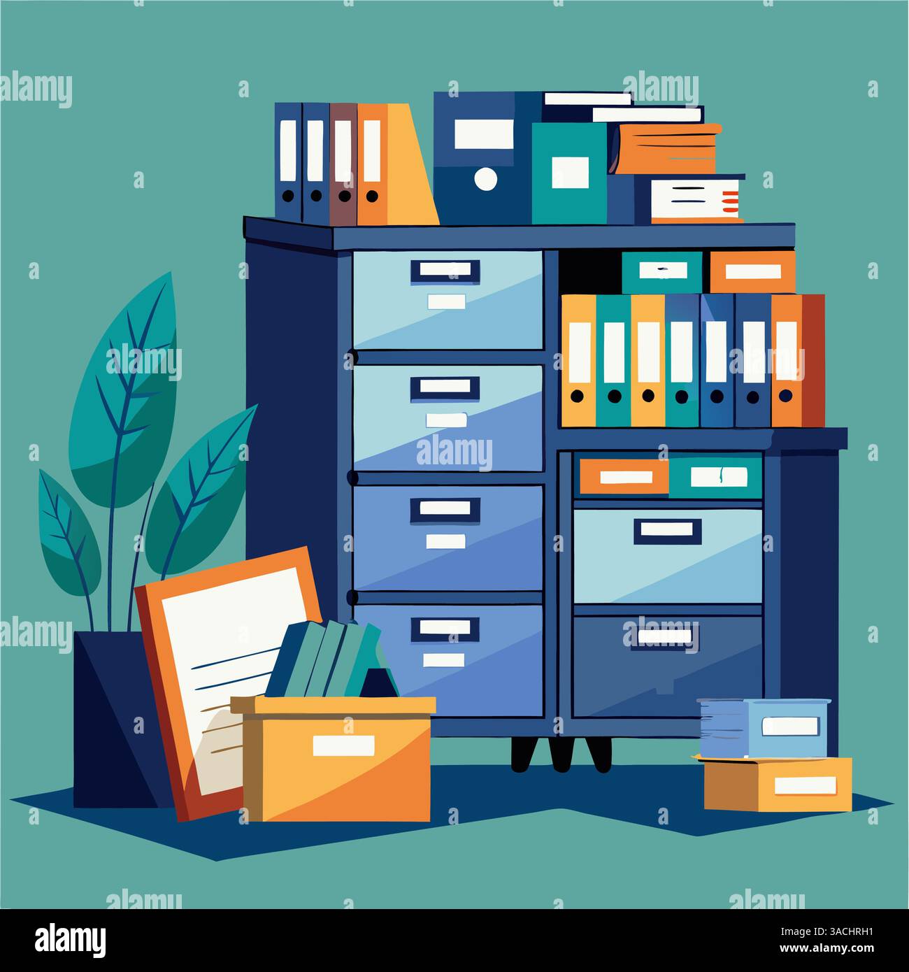 A drawing showing files in filing cabinets in an office environment ...