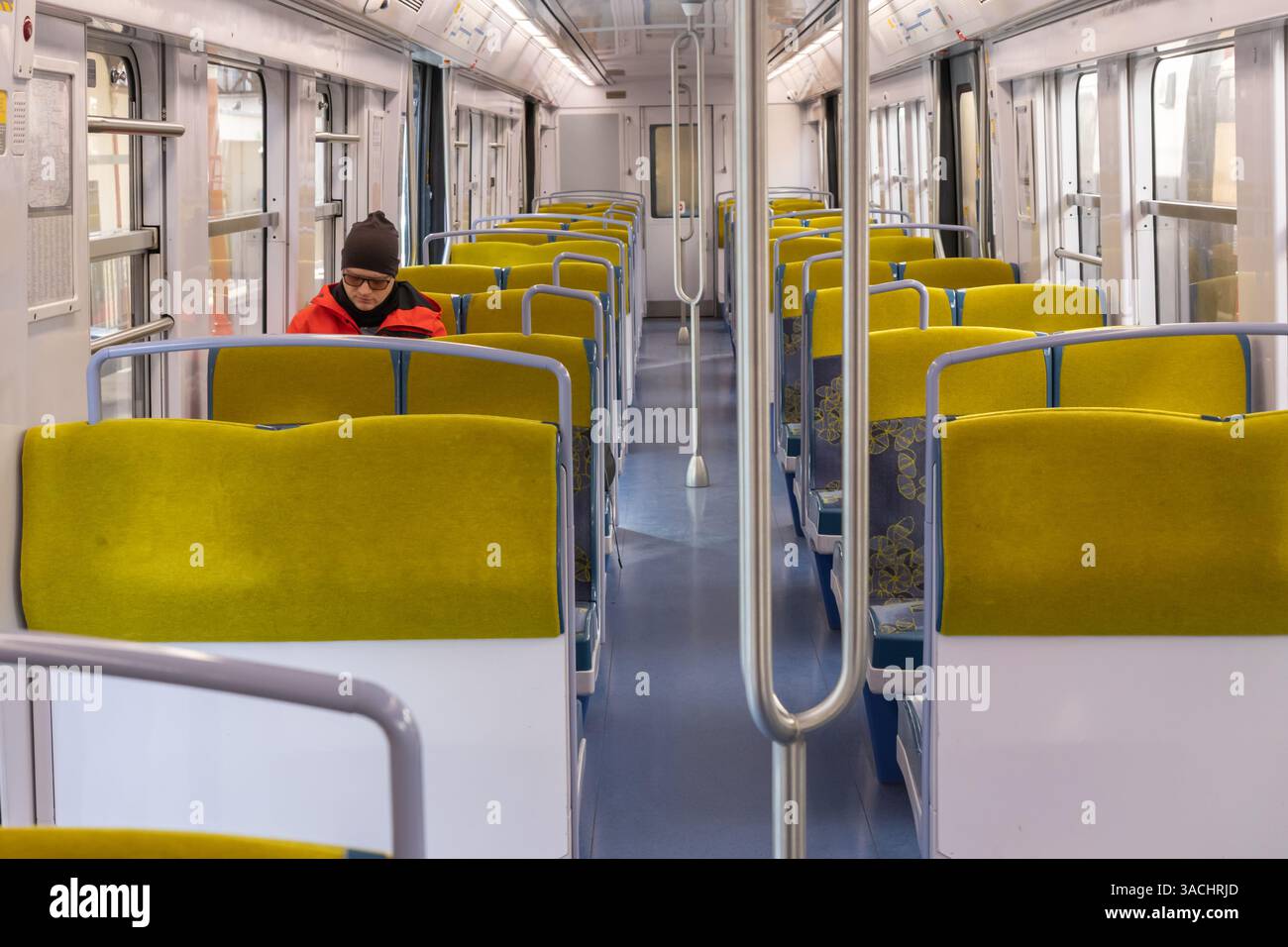 PARIS, FRANCE - February 23, 2025: View inside Paris Metro wagon of RER ...