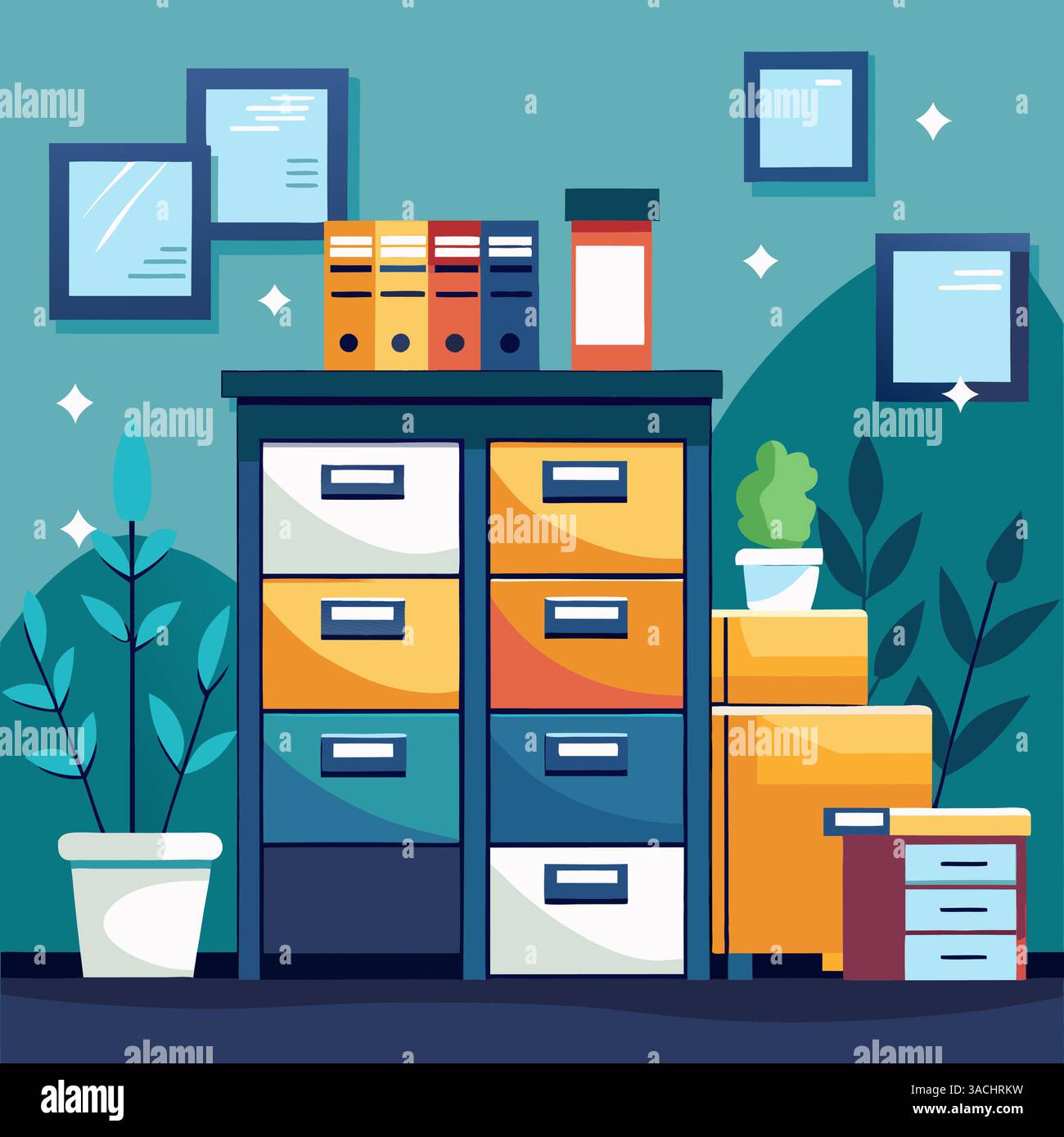 A drawing showing files in filing cabinets in an office environment ...