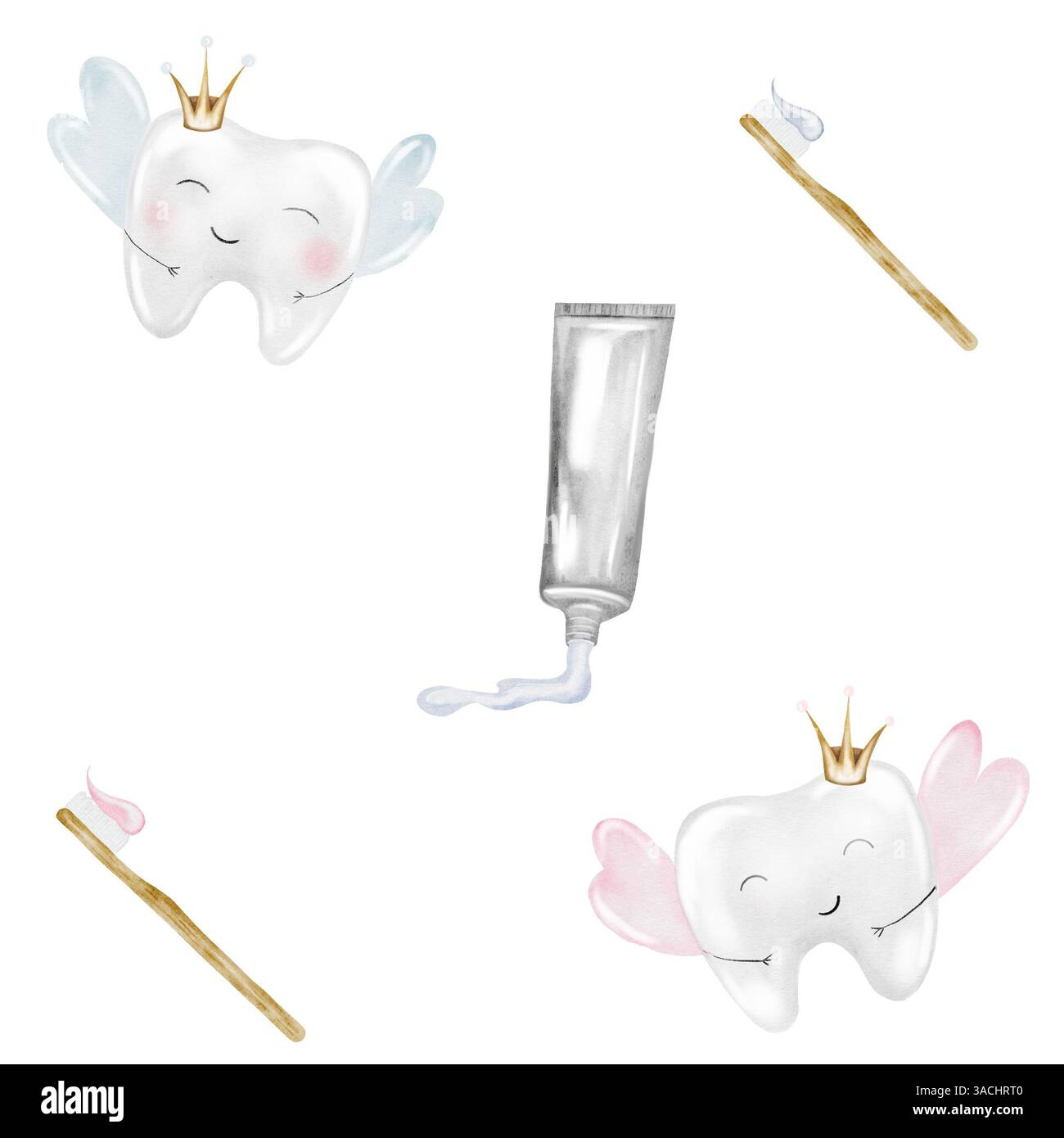 Baby tooth watercolor pattern. Cute cartoon molar with crown on ...