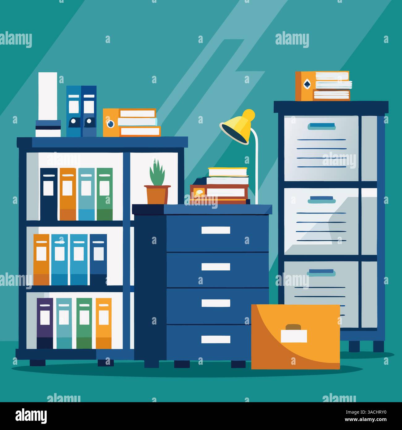 A drawing showing files in filing cabinets in an office environment ...