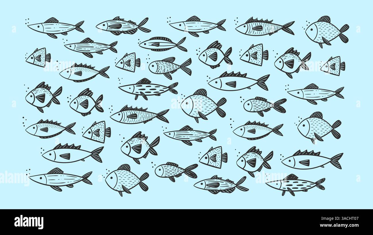 Cute hand-drawn school of fish background, perfect for decorating ...