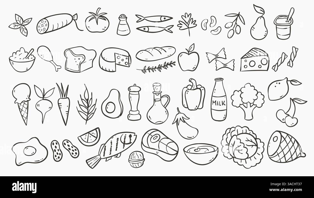 Cute hand-drawn food ingredients doodle icon set, perfect for ...