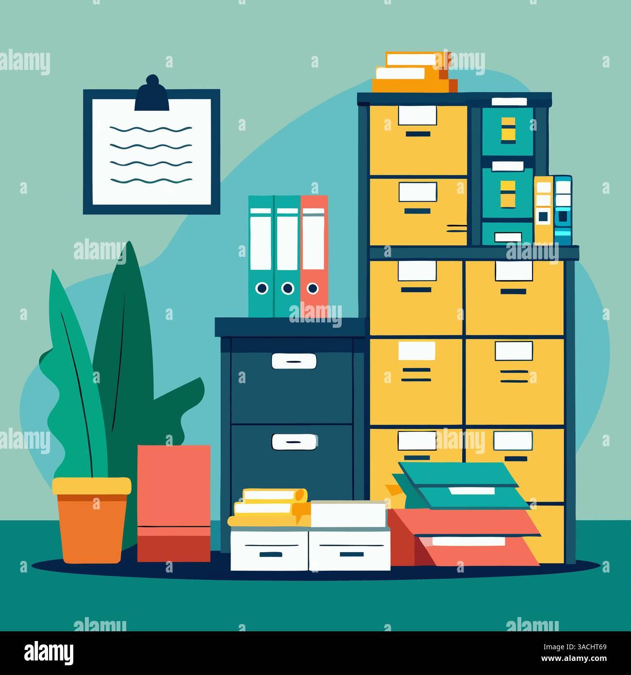 A drawing showing files in filing cabinets in an office environment ...