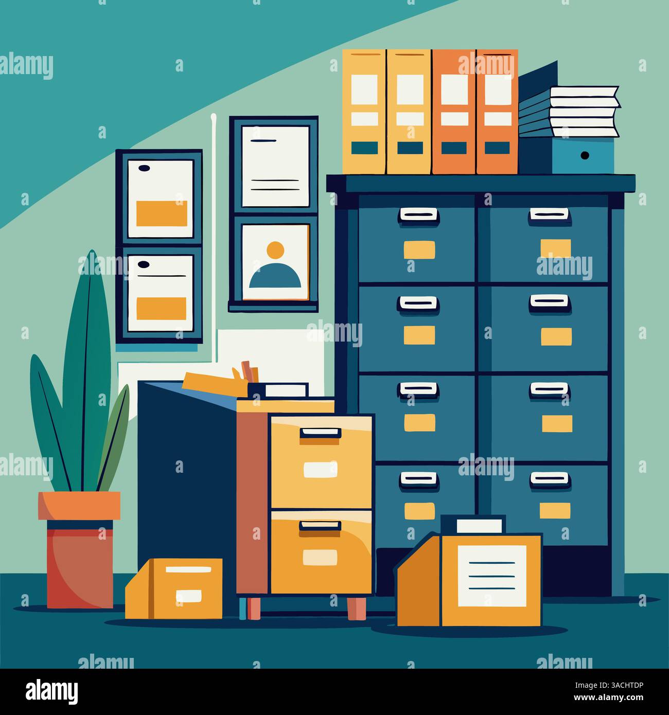 A drawing showing files in filing cabinets in an office environment ...