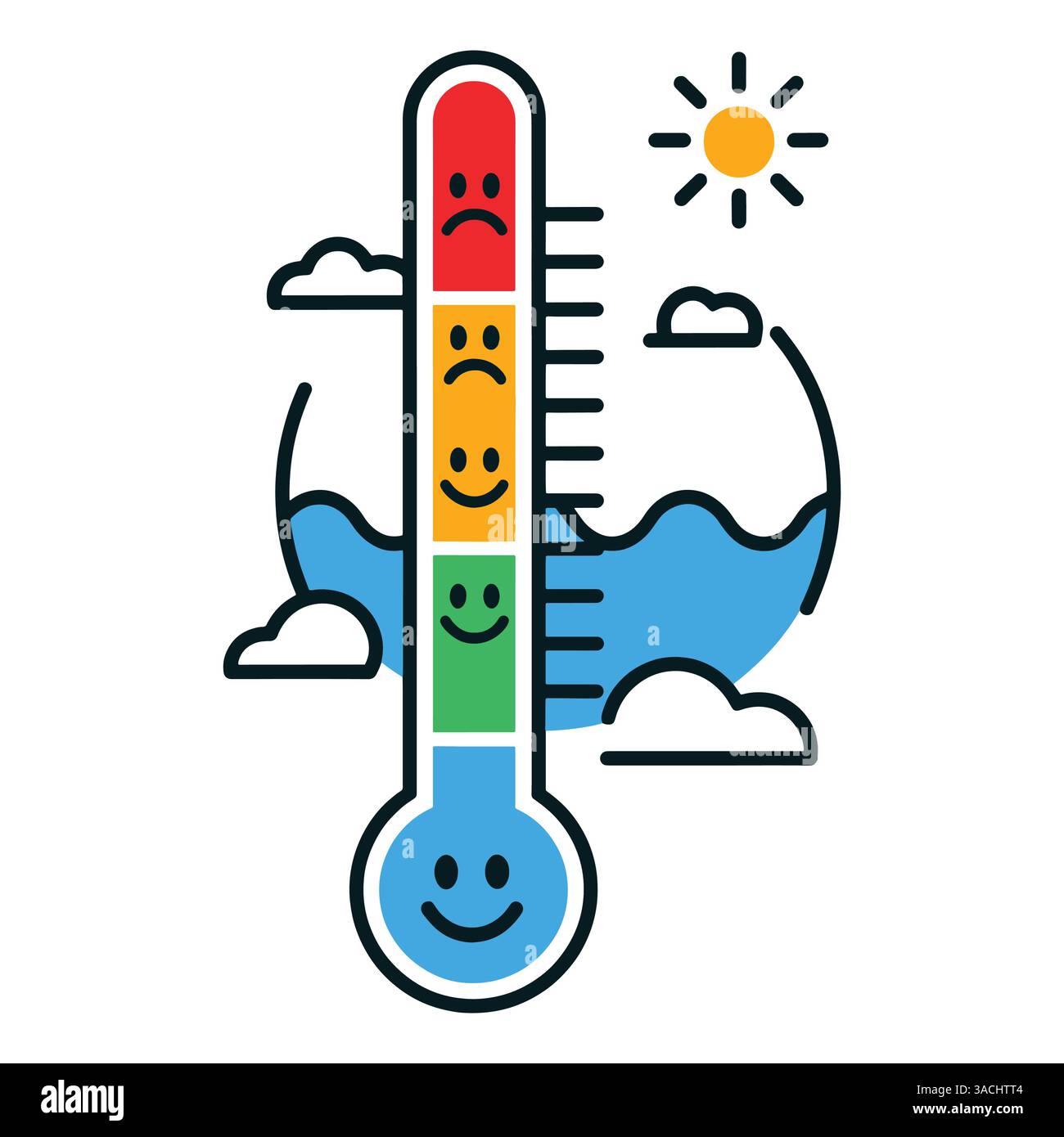 Cute Cartoon Thermometer Icons. Flat vector illustration of thermometers with different emotions ...