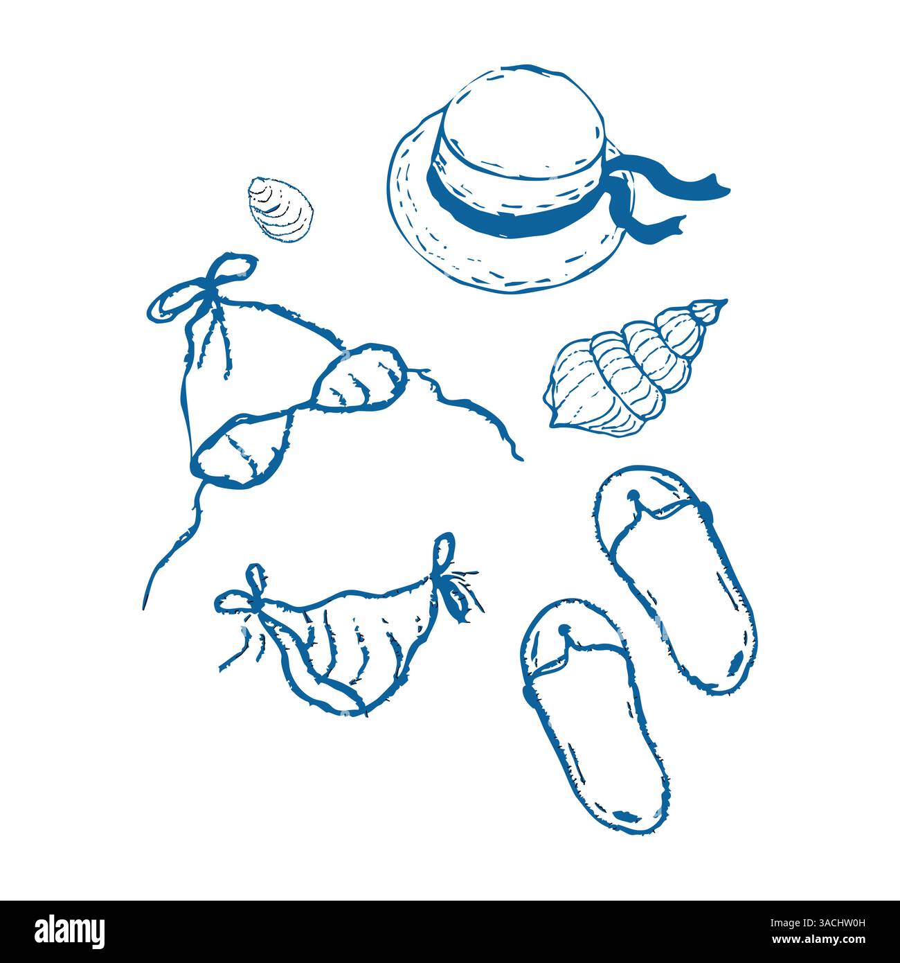 Summer seashore sea tourism, rest sketch drawing. Swimsuit straw hat ...