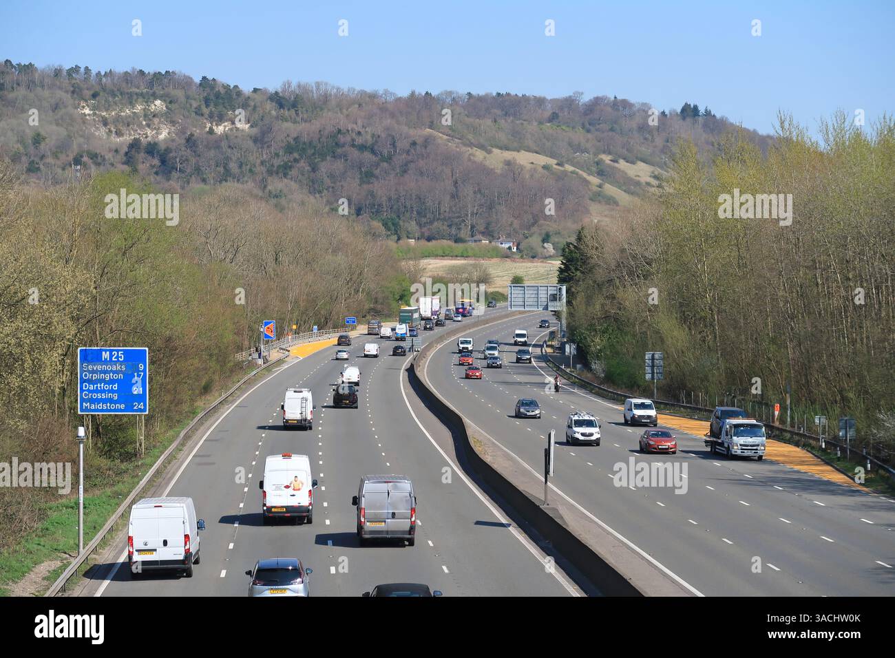 M25 Motorway in Surrey, UK, shows All Lane Running Smart Motorway ...