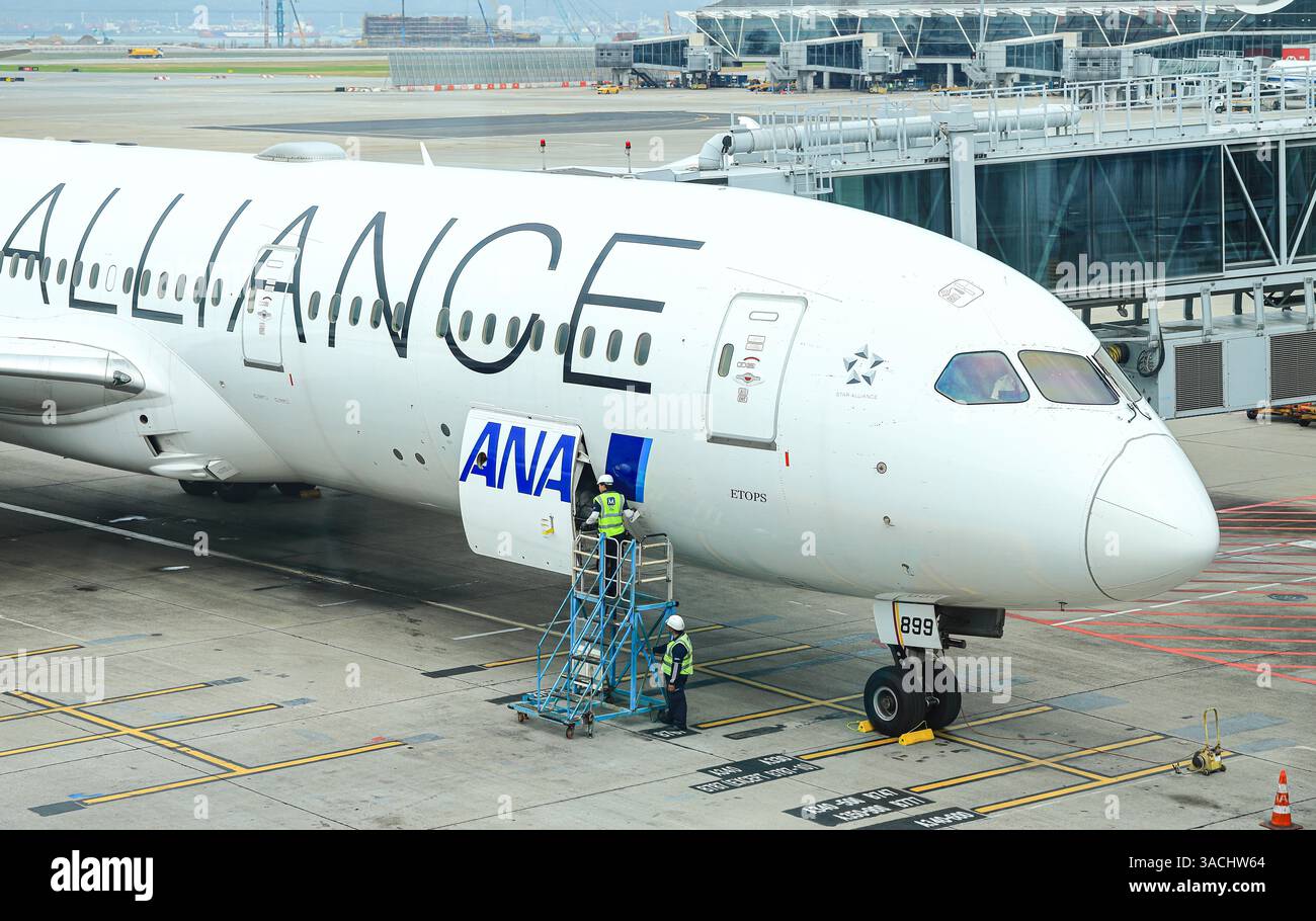 Close Up of ANA Boing 787 Head, on operated at Hong Kong International ...