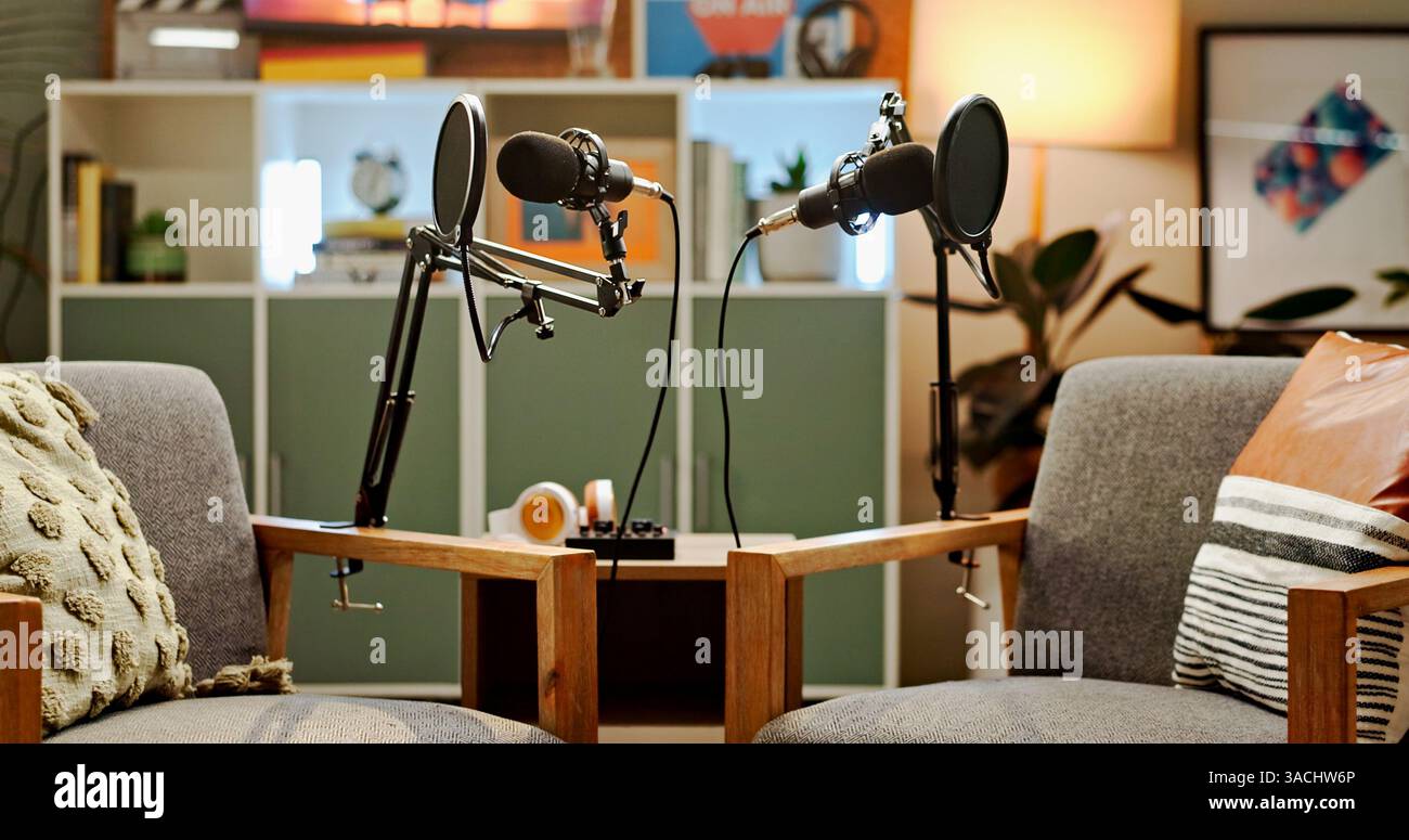 Microphone, podcast and setup for live streaming in studio, broadcast ...