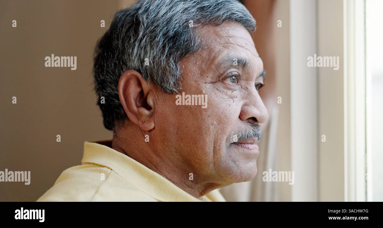 Thinking, window and vision with old man in house for retirement ...