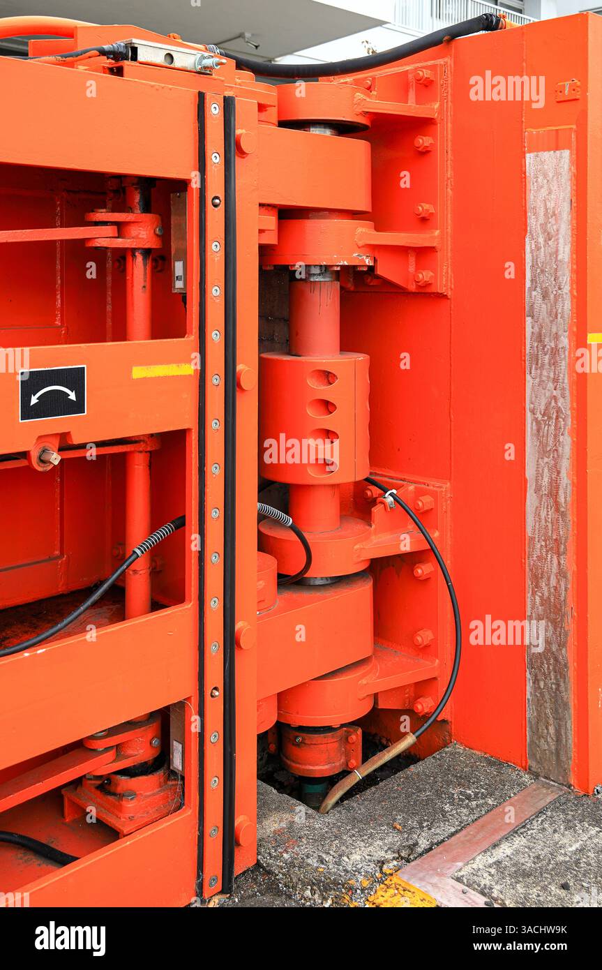 Hydraulic Hinge of big red gate at port, steel gate for Water retention ...