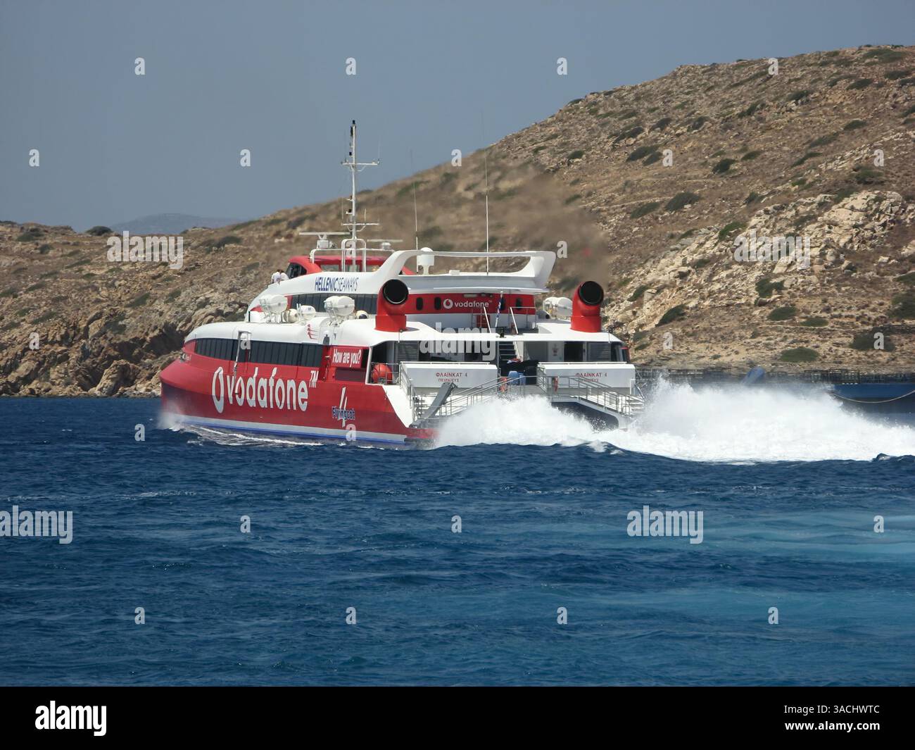 ISLAND OF IOS, CYCLADES, GREECE - JULY 16, 2006: Hellenic Seaways passenger catamaran Flying Cat ...