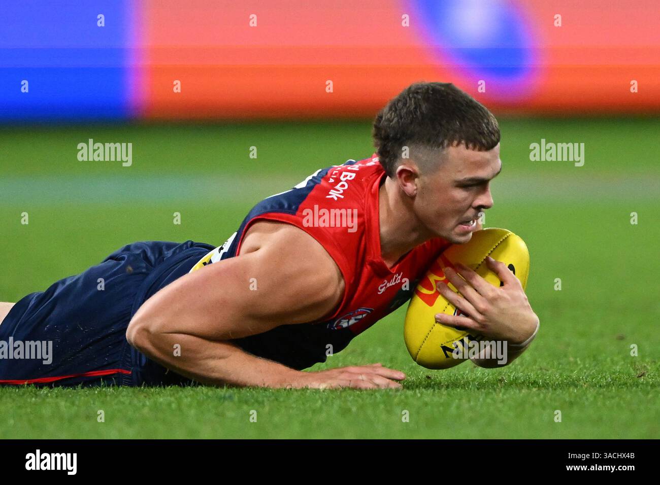 Geelong, Australia. 04th Apr, 2025. Daniel Turner of the Demons marks ...