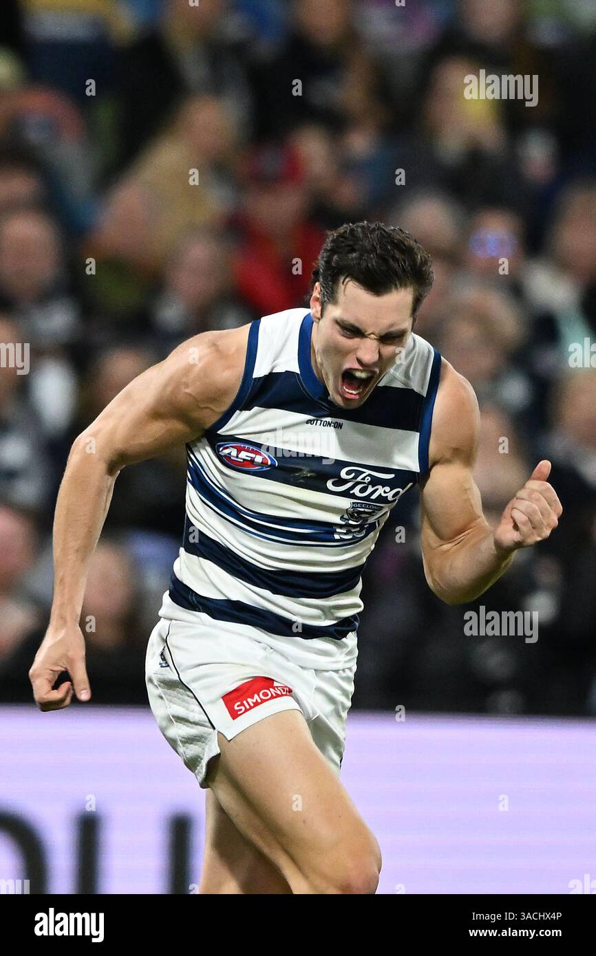 Geelong, Australia. 04th Apr, 2025. Shannon Neale of Geelong reacts ...