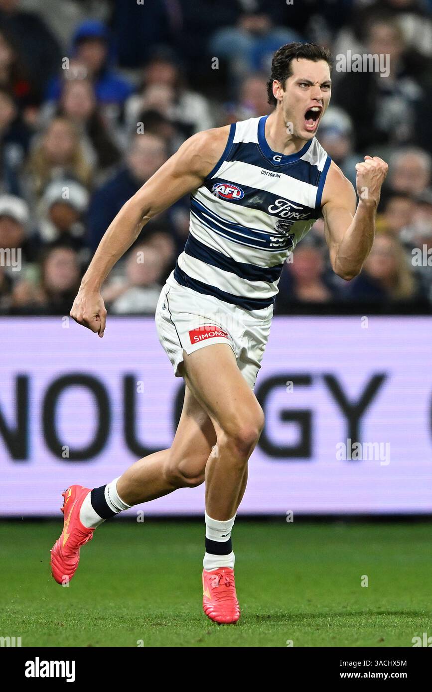 Geelong, Australia. 04th Apr, 2025. Shannon Neale of Geelong reacts ...