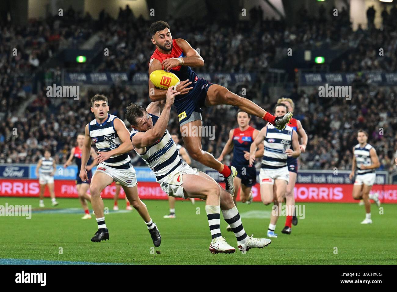Geelong, Australia. 04th Apr, 2025. Christian Salem of the Demons marks ...