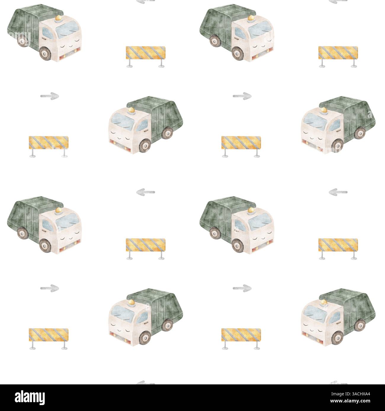 Watercolor pattern garbage truck, city service car. Transport ...