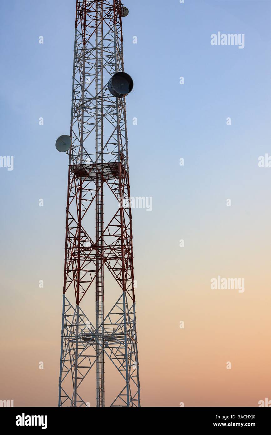 Detail of Transmitting and radio antenna Tower, steel Structure installed with dual polarization ...