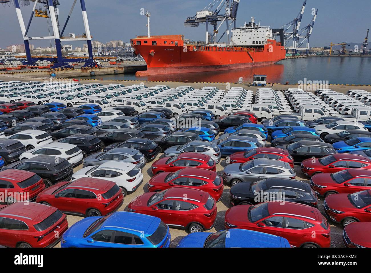 Aerial view of a ro-ro terminal for vehicle shipment in Yantai in ...