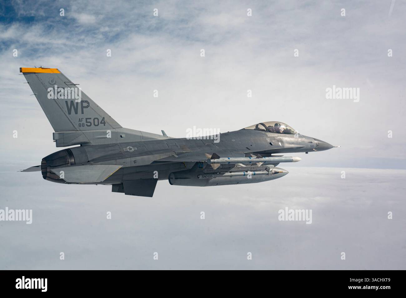 An F-16 Fighting Falcon aircraft assigned to the 80th Fighter Squadron ...