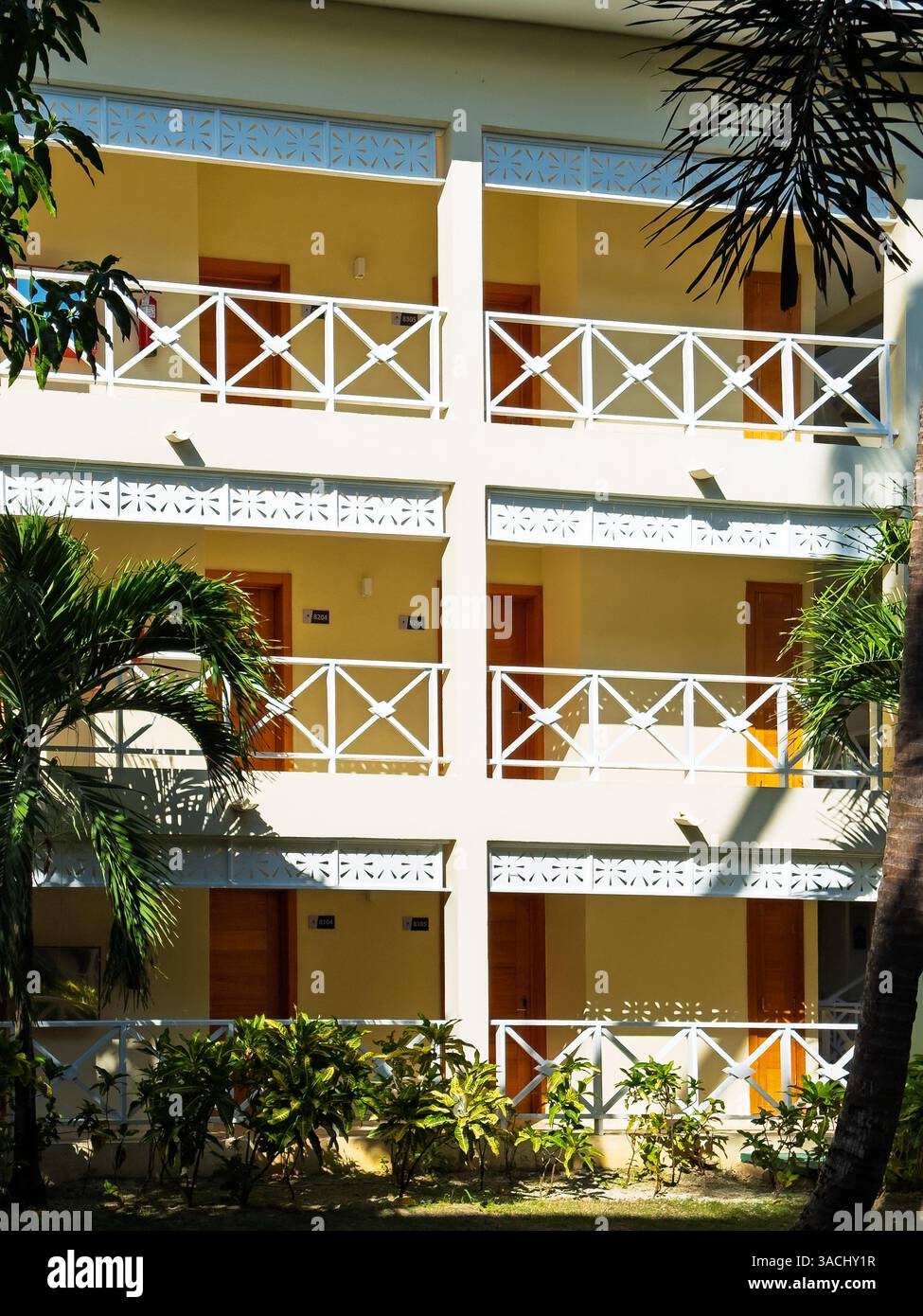 Row of white buildings with balconies and palm trees in the background ...