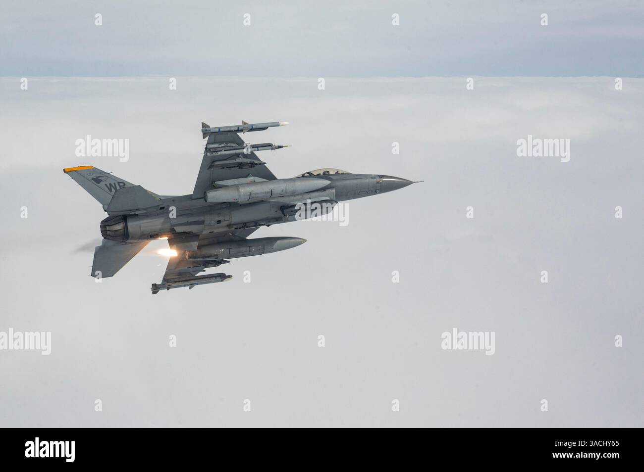 An F-16 Fighting Falcon aircraft assigned to the 80th Fighter Squadron ...