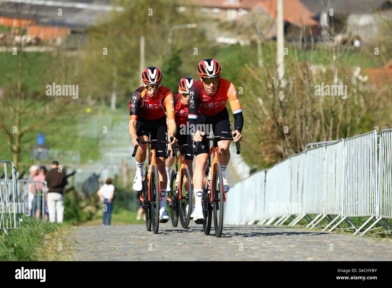 Luxembourgish Bob Jungels of Ineos Grenadiers and British Connor Swift ...