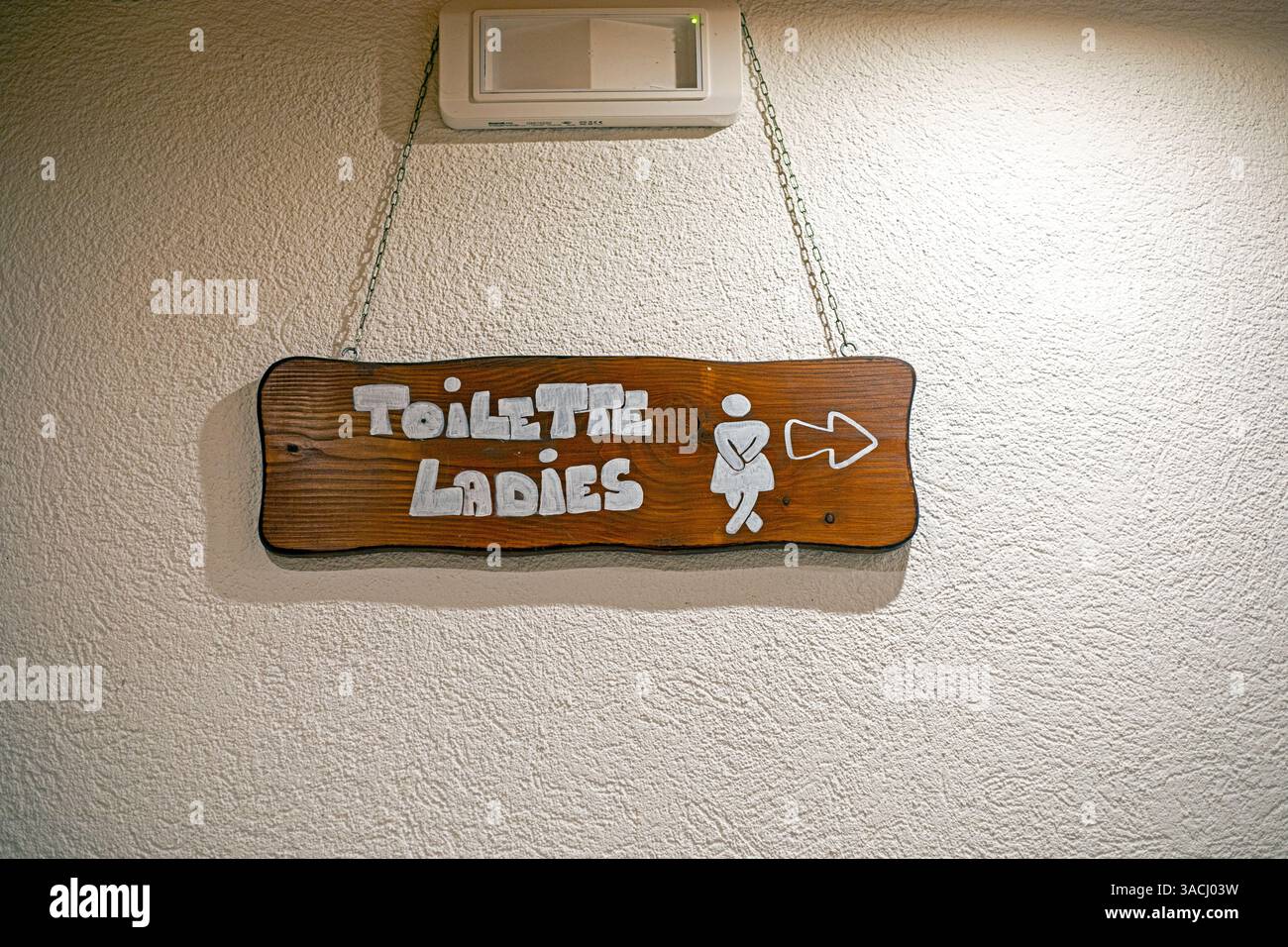 wooden sign with a sign for women's toilet on the wall Stock Photo - Alamy
