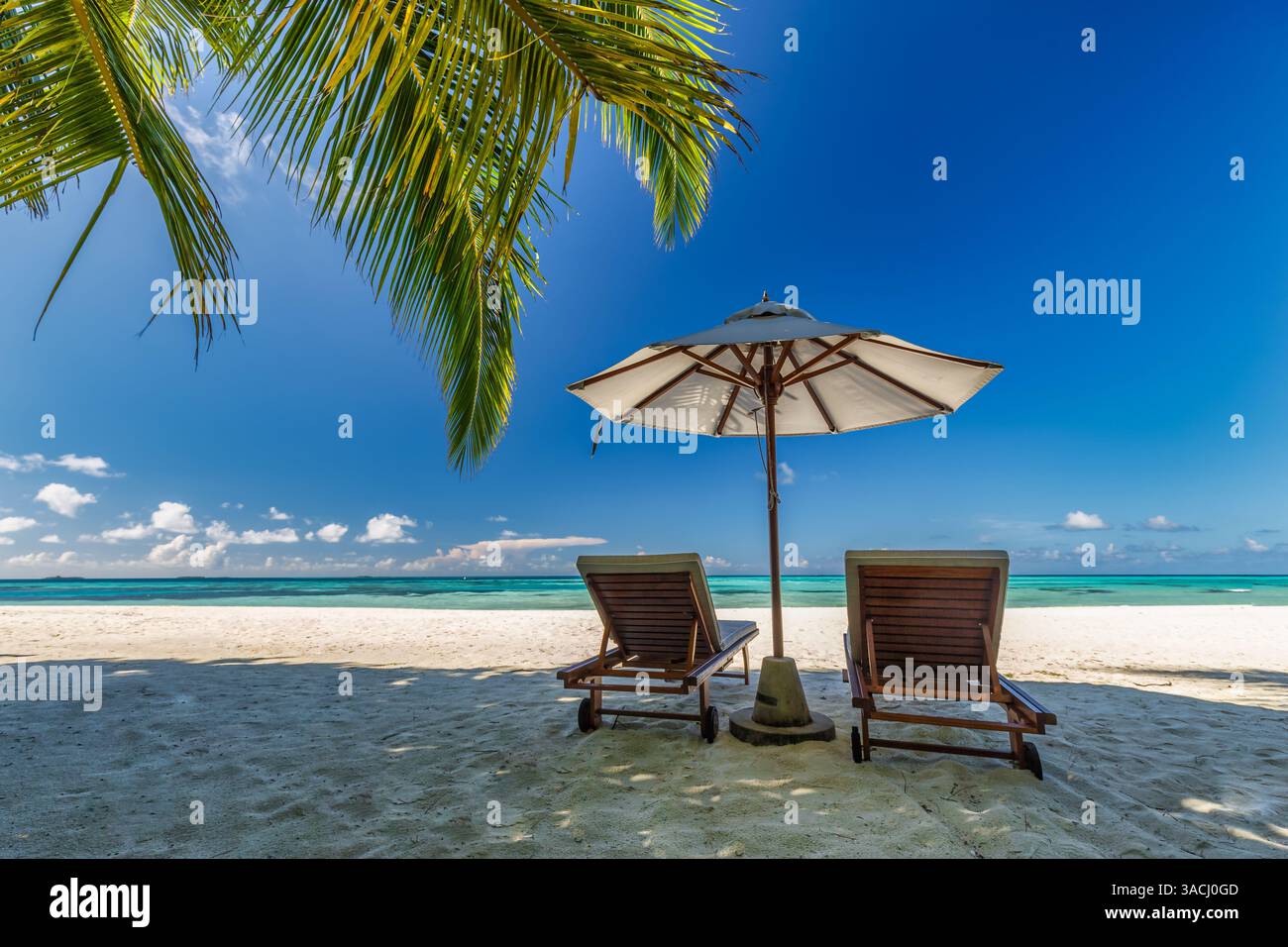 Beach chairs and umbrellas sunny shoreline summer travel, tropical getaways, and seaside ...