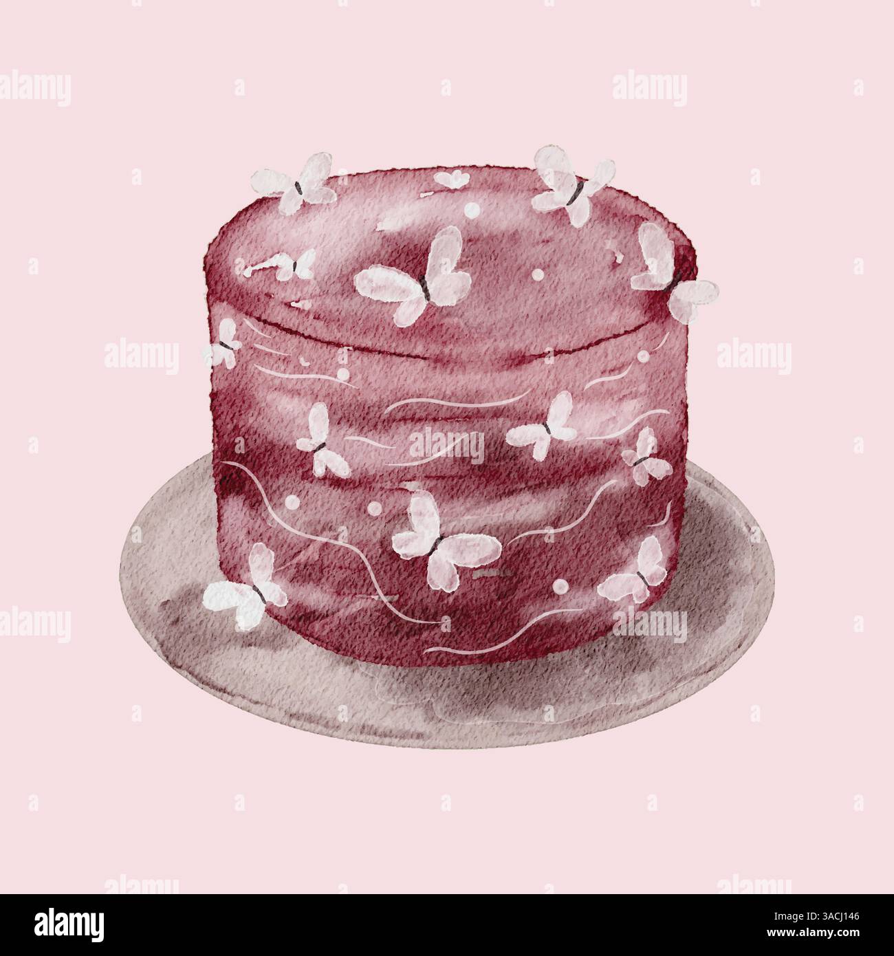 Watercolor illustration of a round, maroon-colored cake adorned with ...