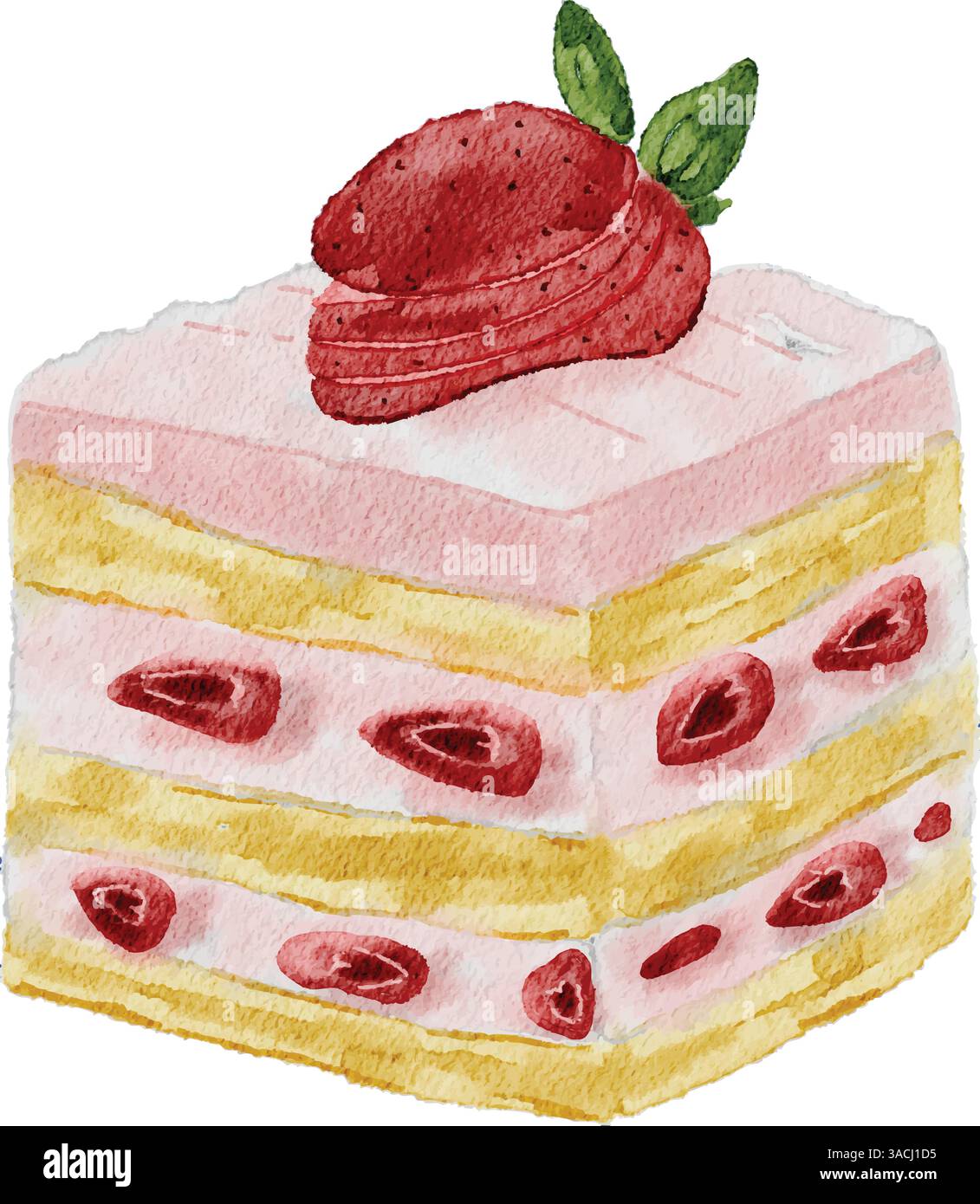 Watercolor illustration of a square slice of strawberry shortcake with ...