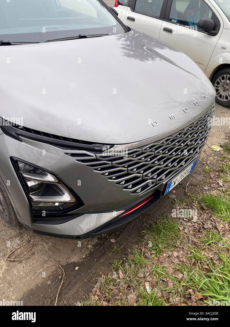 Crema, Italy - March 2nd 2025 Close up view of the front of a gray ...