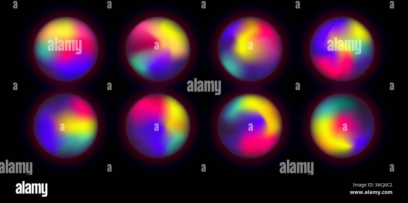 Set of bright holographic circles mesh gradient on black background ...