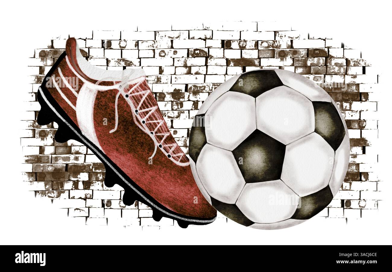 Soccer ball and boot watercolor illustration. Hand drawn sports ...