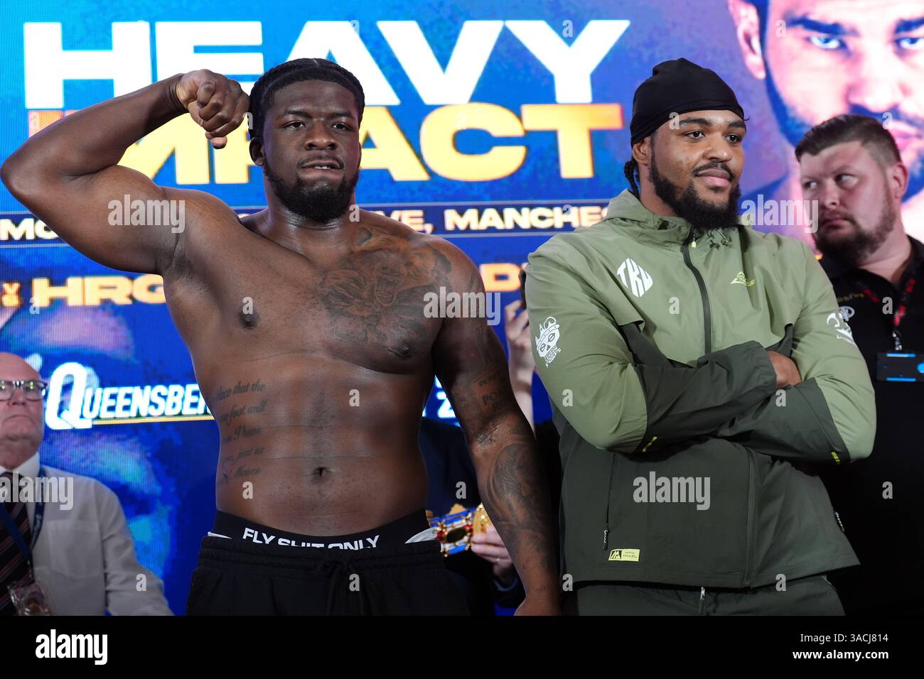 David Adeleye (left) and Jeamie Tshikeva during the weigh-in at the Co ...