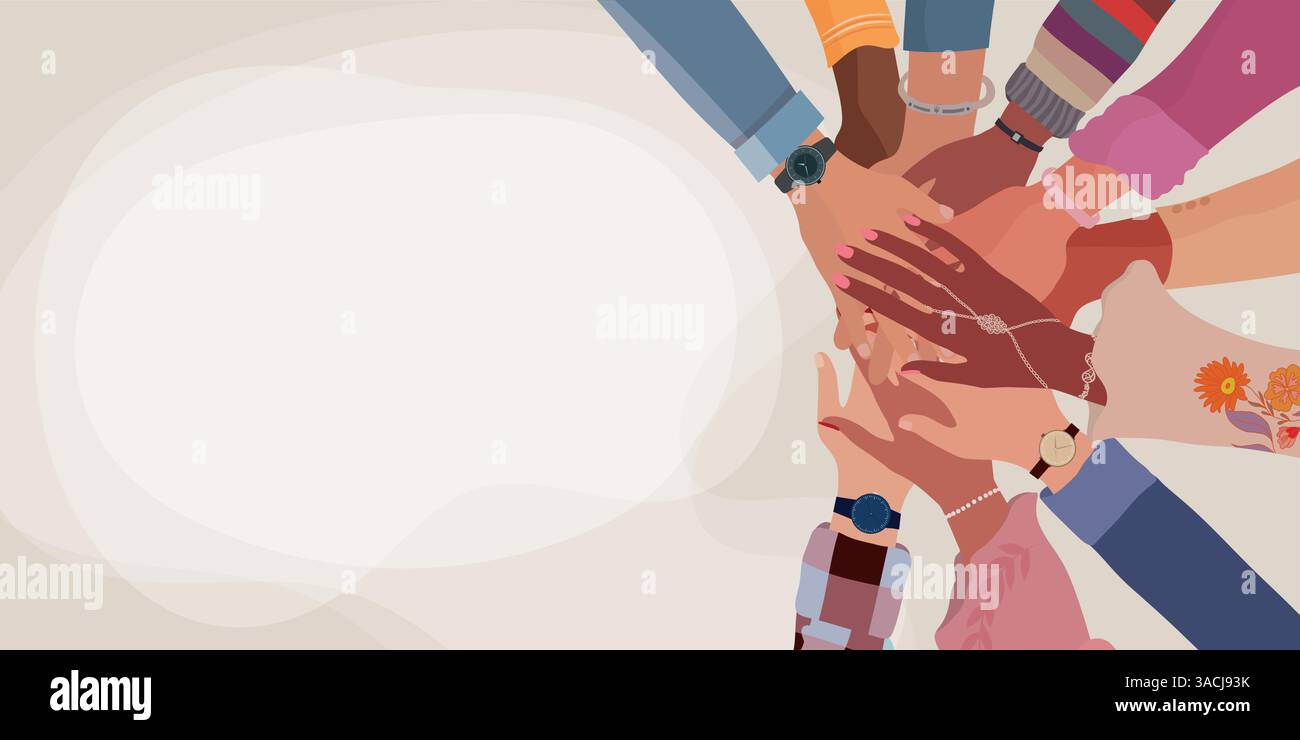 Stacked hands of diverse people. Teamwork community cooperation inclusion diversity and ...