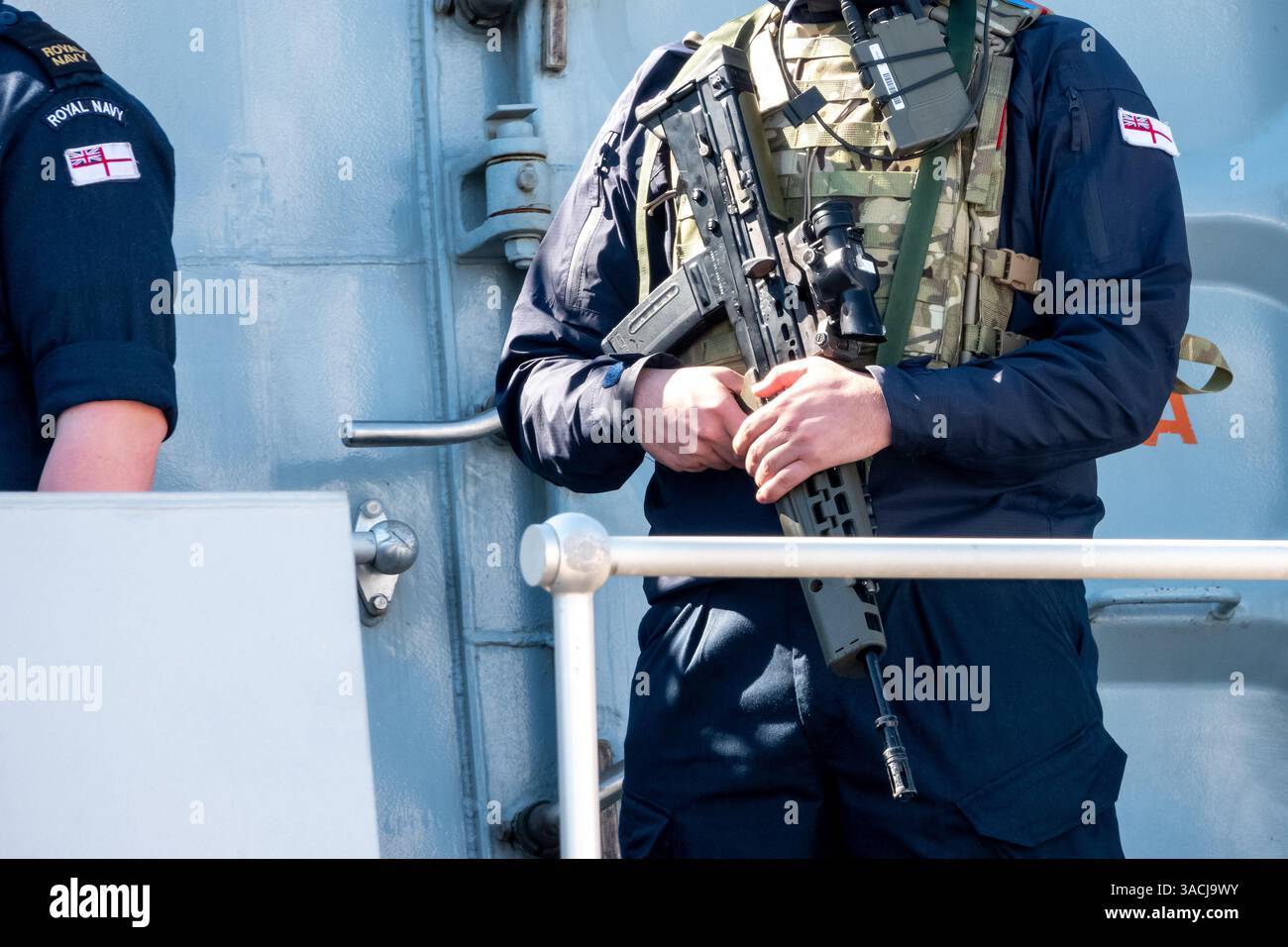 Hamburg, Germany. 04th Apr, 2025. A Royal Navy sailor stands on board ...